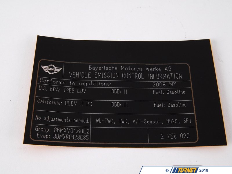 71222758020 - Genuine MINI Label "Exhaust Emission" Mj08 - 71222758020 ...